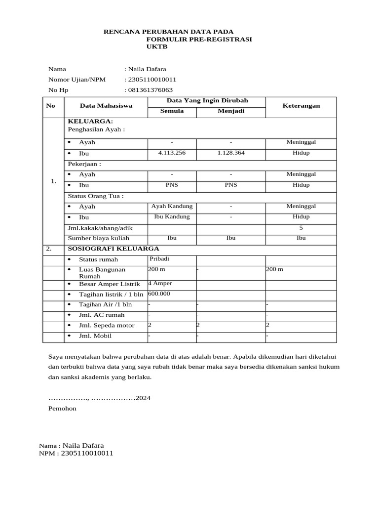 Rencana Perubahan Data Pada Formulir | PDF