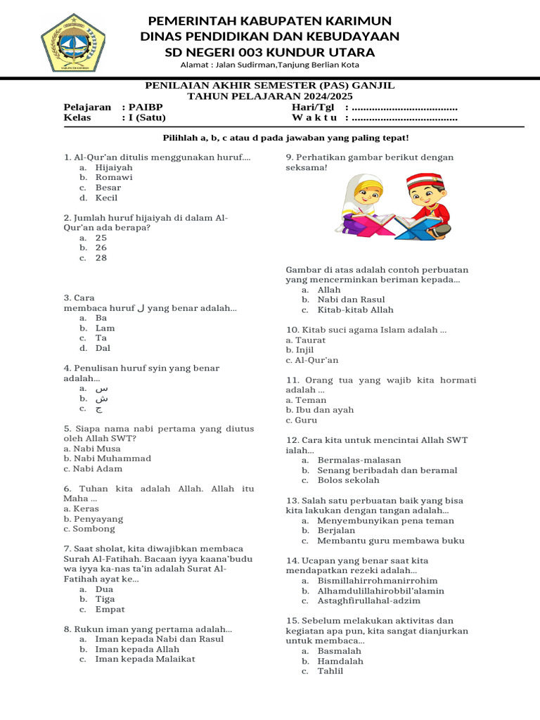 Soal PAS Kelas 1 Semes 1 | PDF