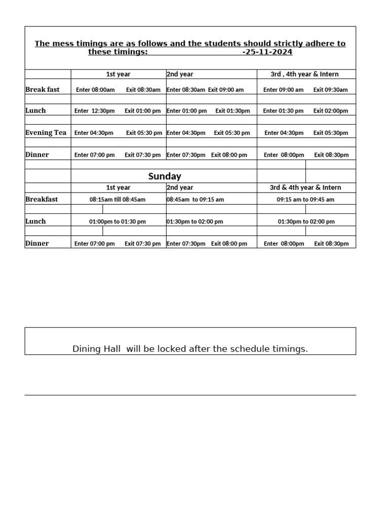 Mess Timing 2024-W.e.f 25-11-24 | PDF