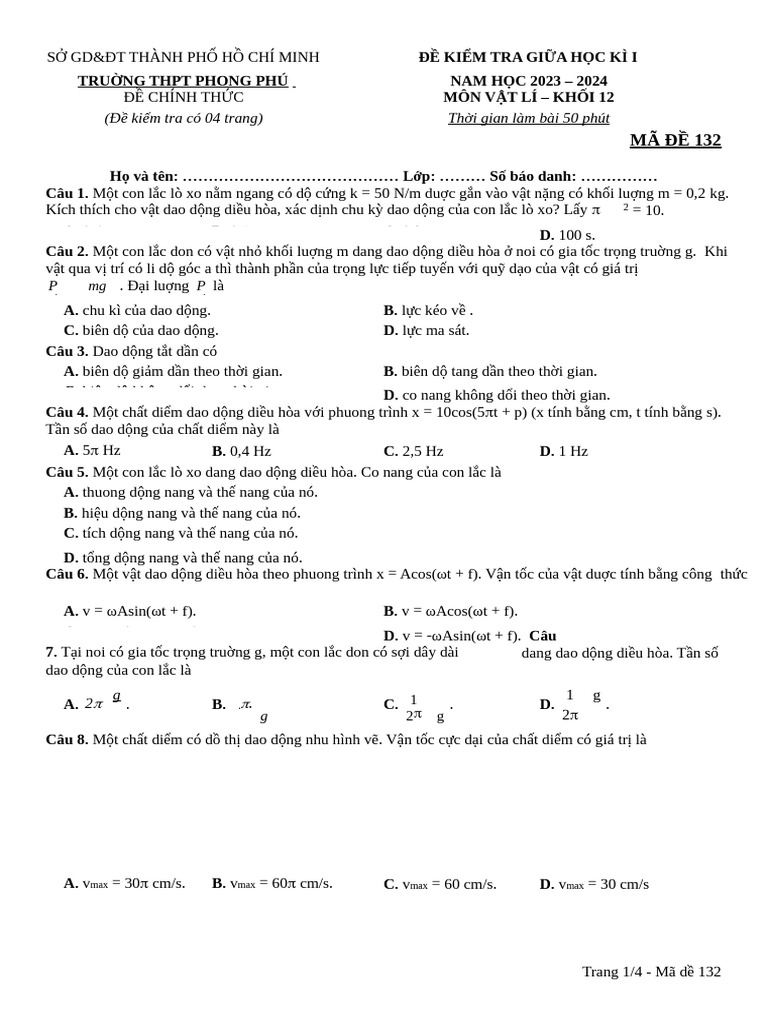 De - KTra - Ly11 (Moi) - Ly12 (Cu) - THPT Phong Phu - 1-5 | PDF
