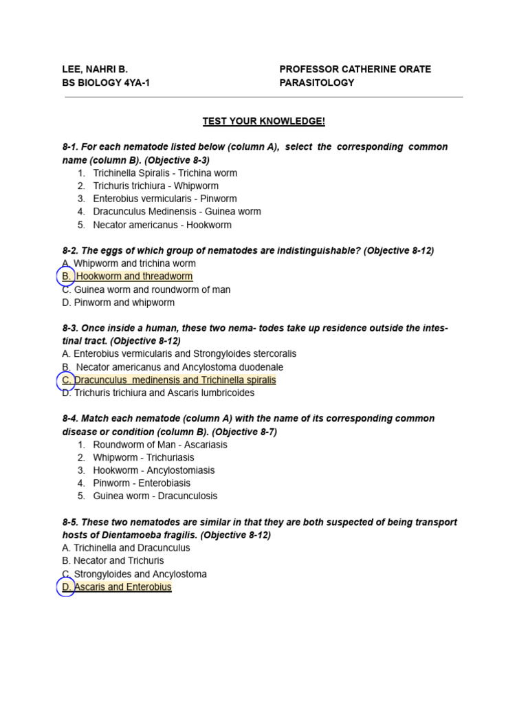 Lee, Nahri B. - Parasitology Book Activity | PDF | Nematode | Medical ...