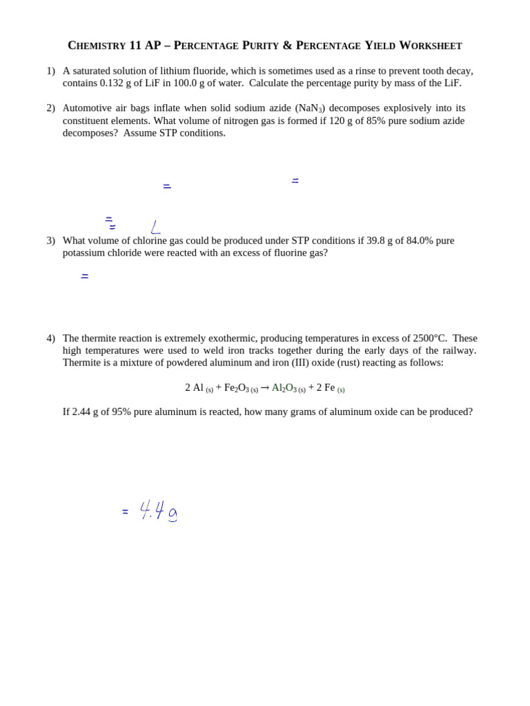Percentage-Purity-Percentage-Yield-Worksheet-Solutions | PDF | Silver ...