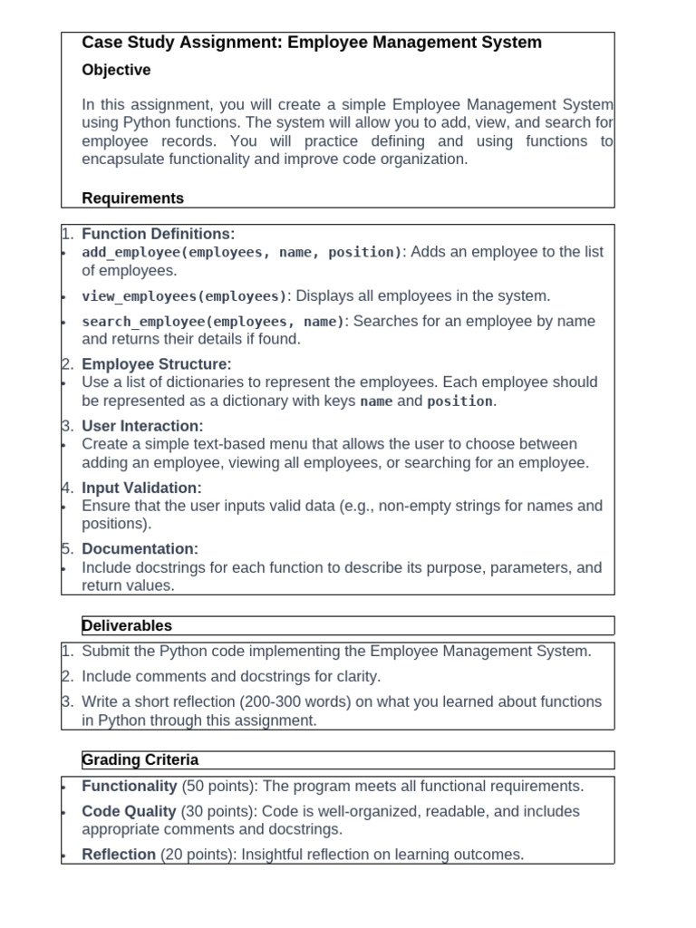 Function-Case Study-Employee Management System | PDF