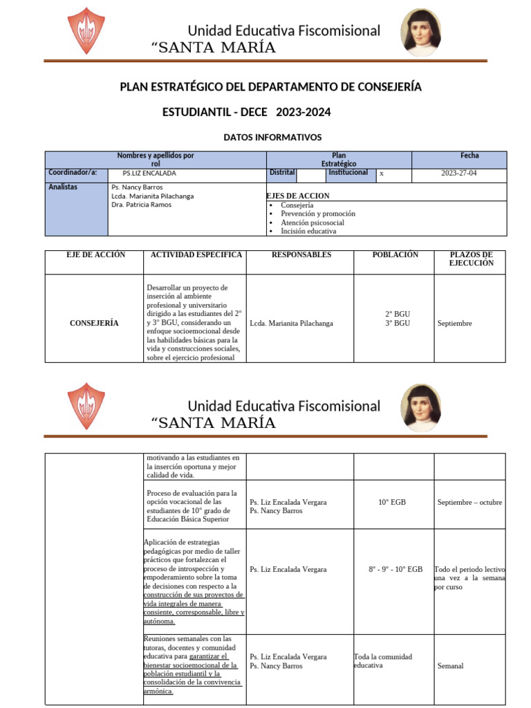 Plan Estratégico DECE 2023-2024 | PDF | Educación primaria | Enseñando