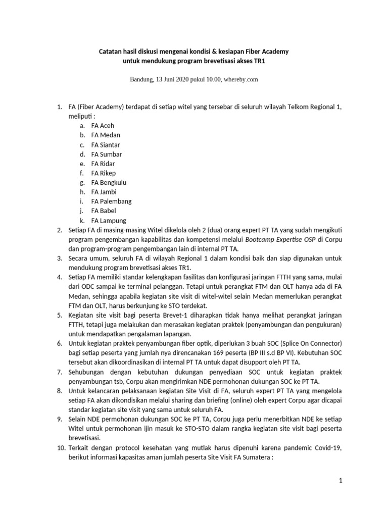 Catatan hasil diskusi kondisi & kesiapan FA TR1 | PDF