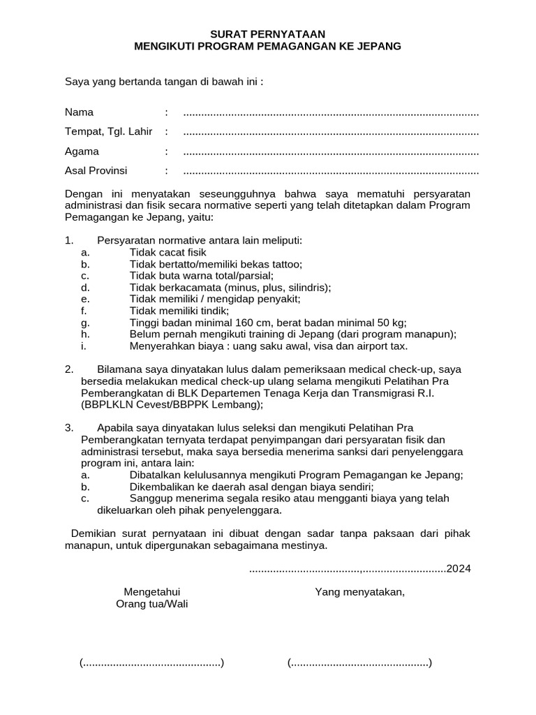 Surat Pernyataan Magang Ke Jepang | PDF