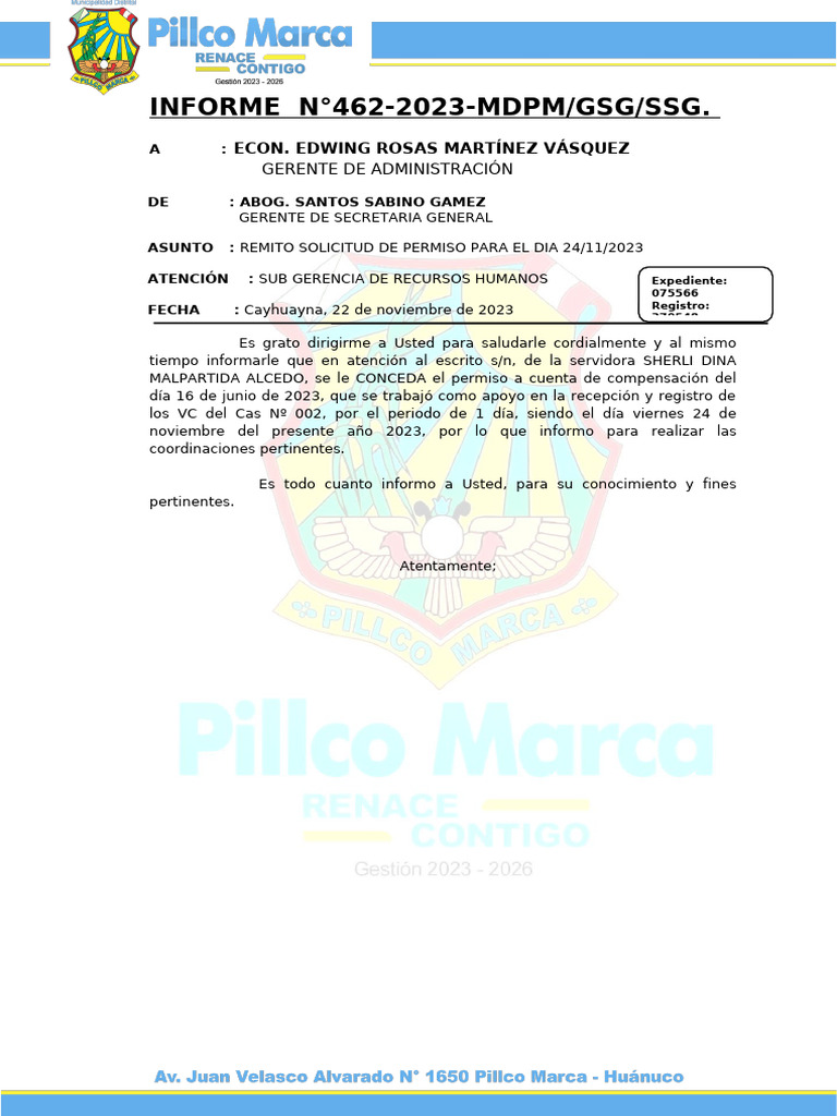 Informe #462 Remito Solicitud de Permiso para El Dia 24 de Noviembre de ...