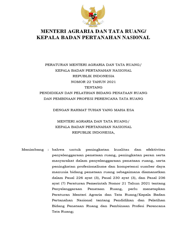 Permen ATR-KBPN Nomor 22 Tahun 2021 Tentang Pendidikan Dan Pelatihan Bidang Penataan Ruang Dan ...