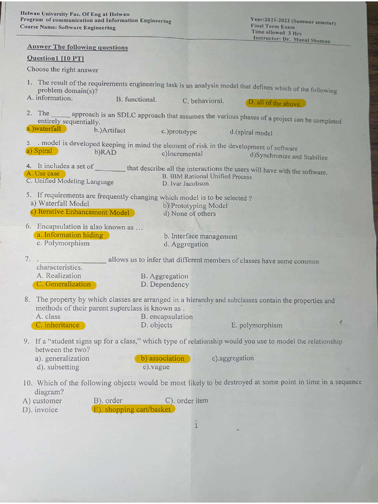 Software Engineering Final Exam Guide | PDF | Software Development Process | Information Technology