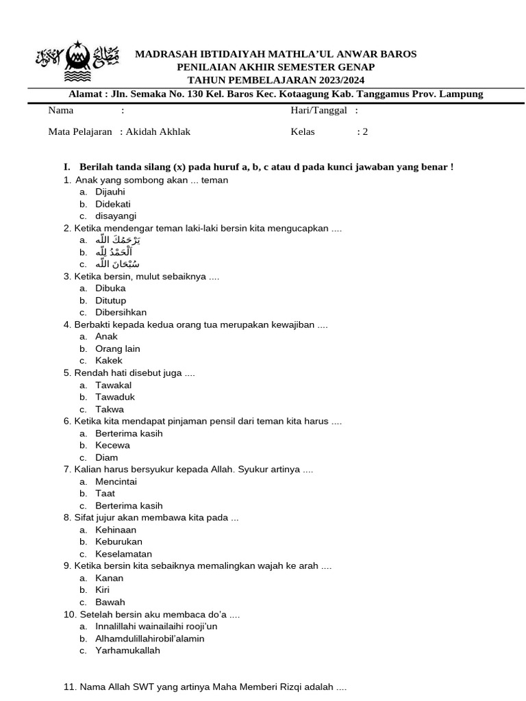 Soal Akidah Akhlak 2024 Genap | PDF