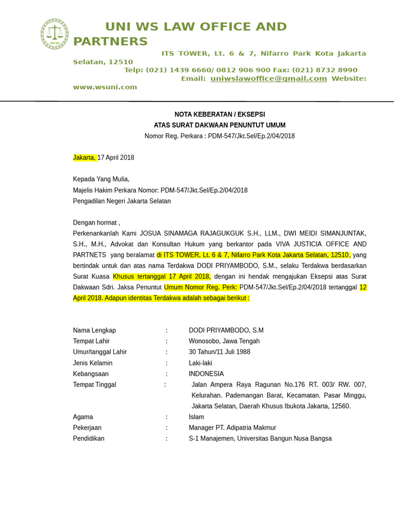 NOTA KEBERATAN (EKSEPSI) IMCC.rtf (1)[1] | PDF