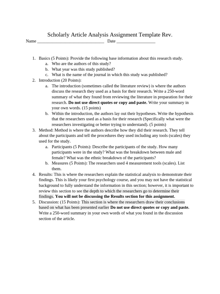 Scholarly Article Analysis Assignment Template Rev. | PDF