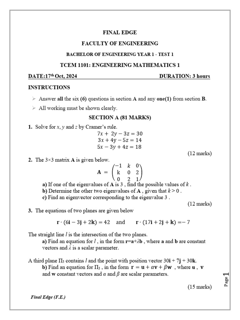 Engineering Mathematics Test 1 Guide | PDF | Eigenvalues And ...