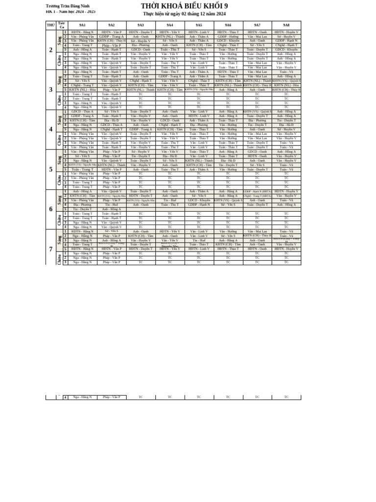TKB K9 Tuần 14 (Từ 02-12-2024) | PDF