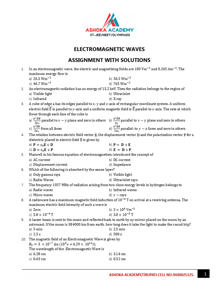 ASHOKA EM WAVES ASSIGNMENT WITH SOLUTIONS | PDF | Electromagnetic Radiation | Waves