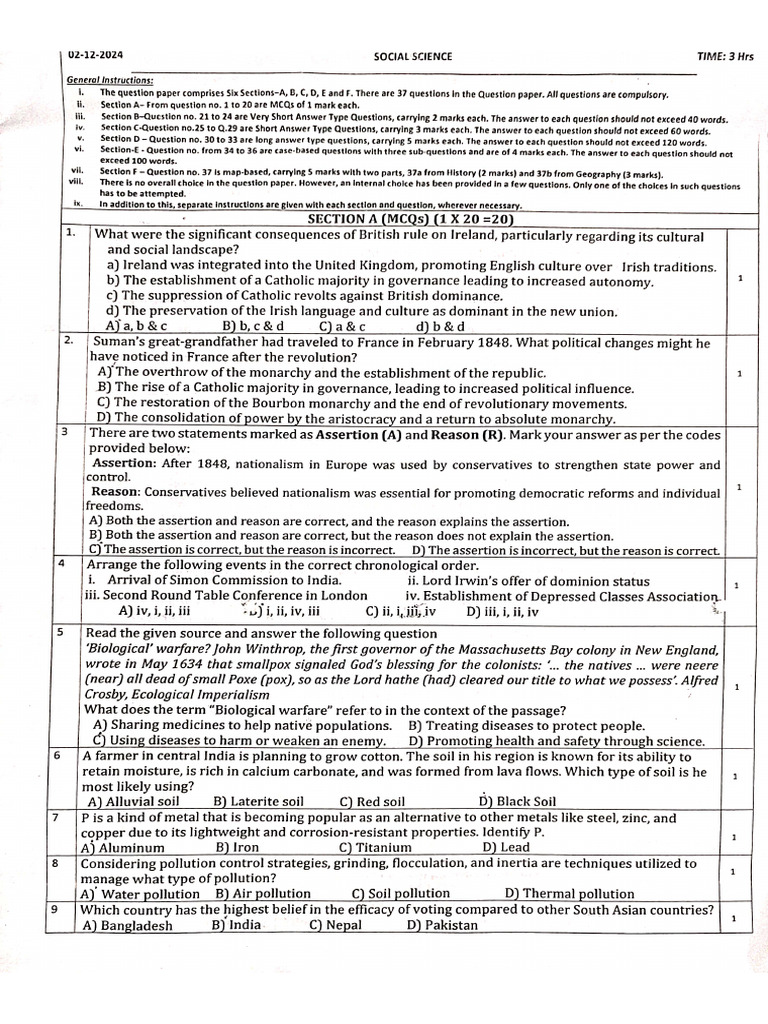 Social Science Question Paper | PDF