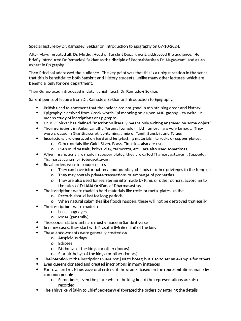 Introduction To Epigraphy - by DR - Ramadevi Sekhar - 7-10-2024 | PDF ...