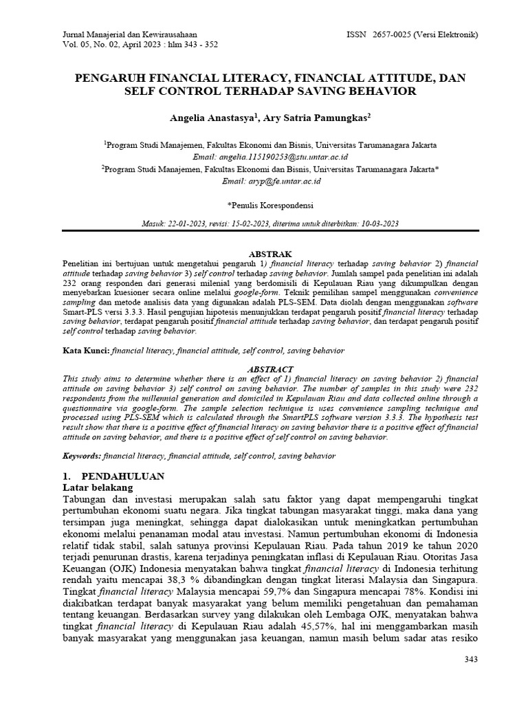 Pengaruh Financial Literacy, Financial Attitude, Dan Self Control Terhadap Saving Behavior | PDF