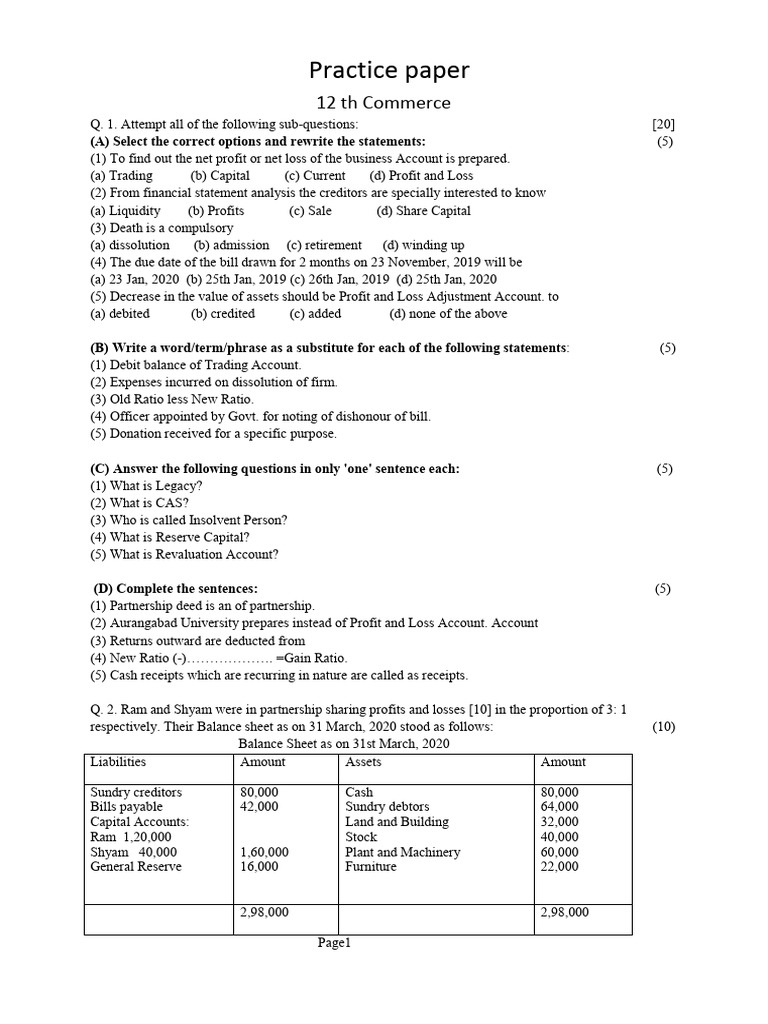 Accounts Pratice Paper PDF | PDF | Balance Sheet | Debits And Credits