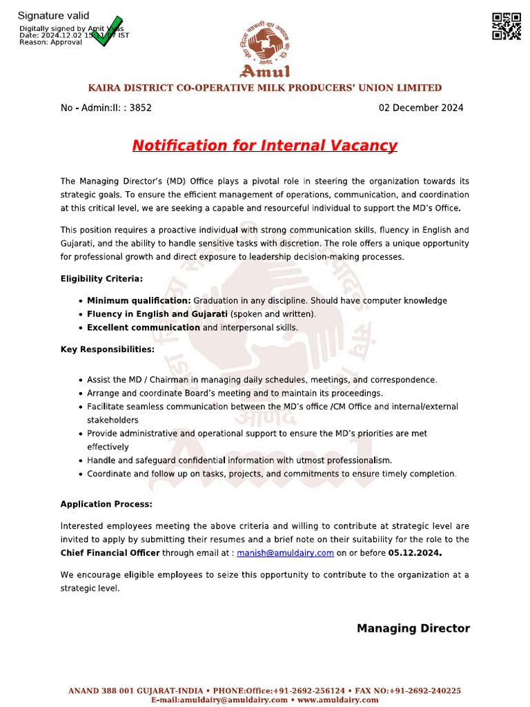Notification For Internal Vacancy | PDF