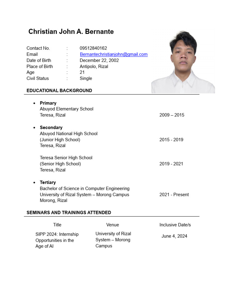 Christian John A. Bernante: Educational Background Primary | PDF