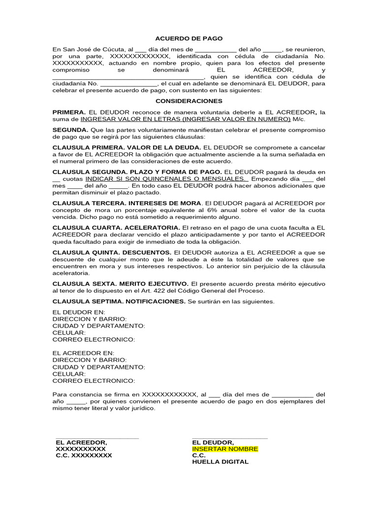 Modelo Acuerdo de Pago | PDF | Pagos