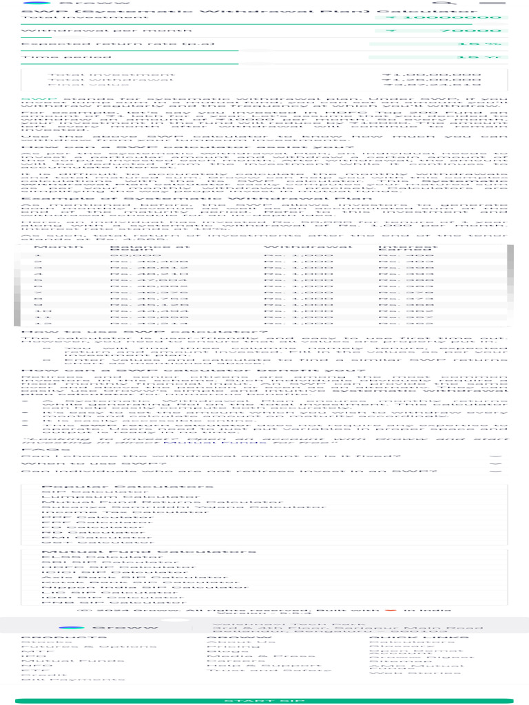 SWP (Systematic Withdrawal Plan) Calculator | PDF | Interest | Investing