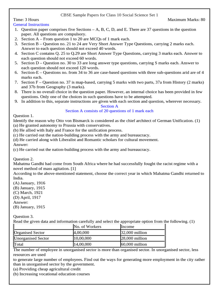 CBSE Sample Papers For Class 10 Social Science Set 1 Answer | PDF ...