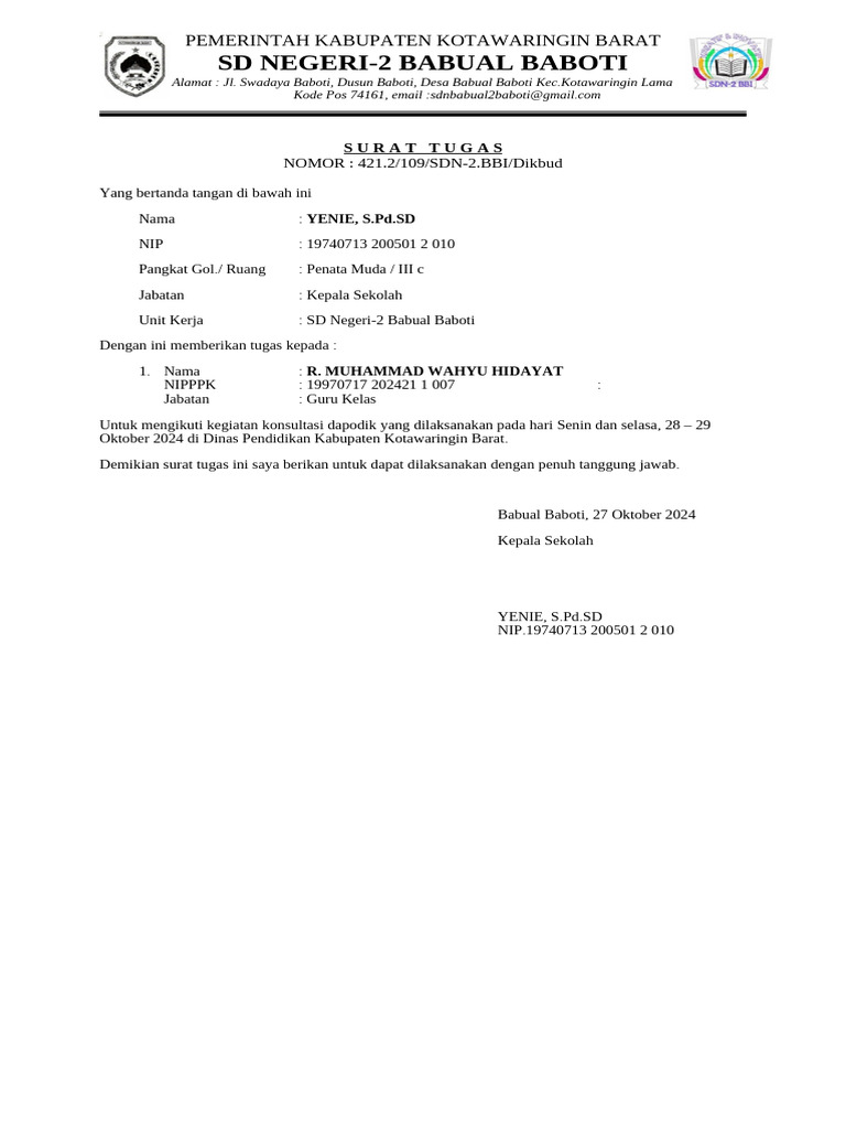 Surat Tugas Wahyu Konsultasi Dapodik 2024 28-29 Oktober | PDF