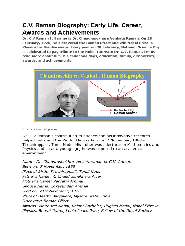 Biography of C v Raman | PDF | Light | Physics