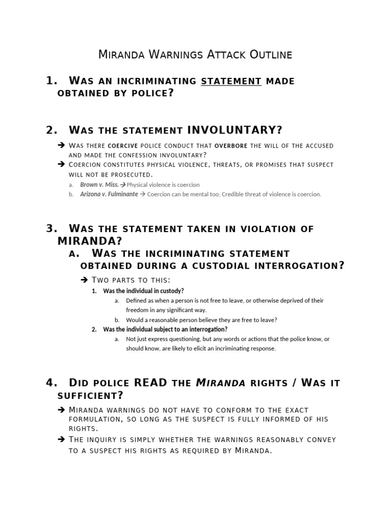 Miranda Warnings Attack Outline | PDF | Miranda Warning | Reasonable ...