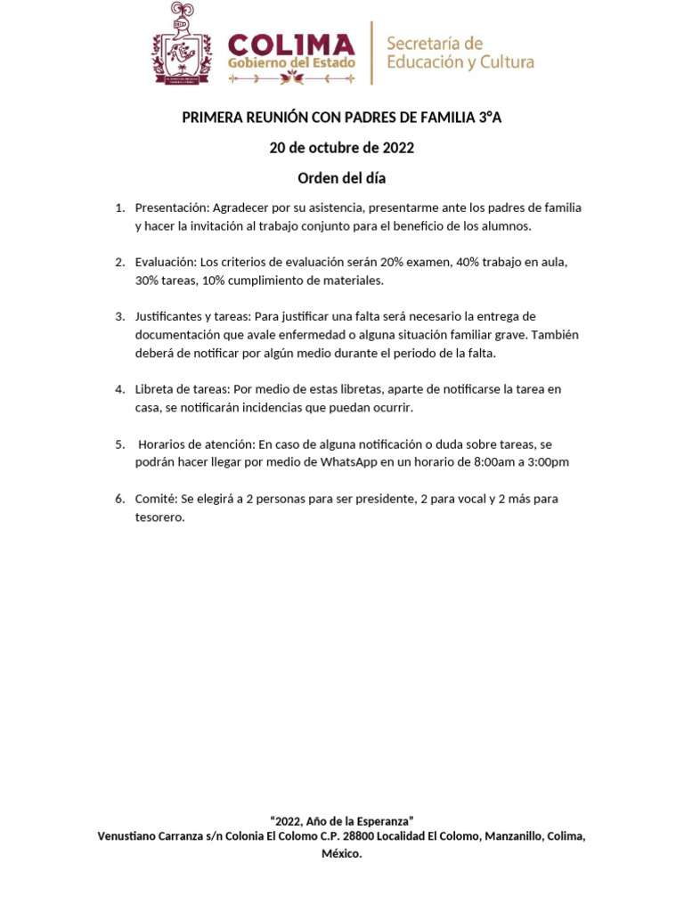 Primera Reunión Con Padres de Familia | PDF