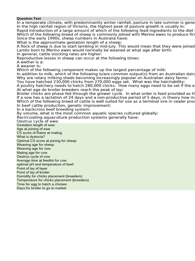 QuizizzSampleSpreadsheetUpdated v2 | PDF | Sheep | Cattle