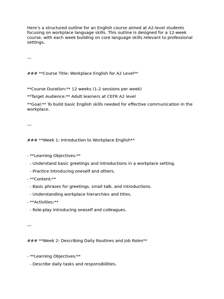 Ai Suggested Ouline For Workplace A2 Course | PDF | Learning | English ...