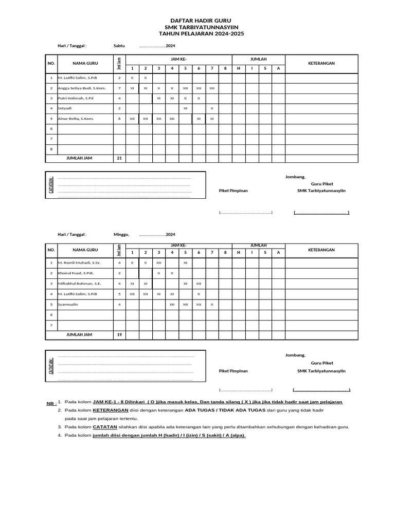 Contoh REKAP Absen Guru Sept | PDF