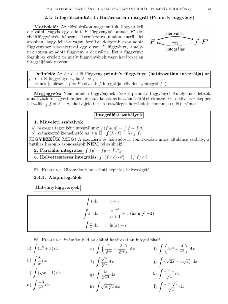 MAT1 8. ÓRA_ Határozatlan integrál | PDF