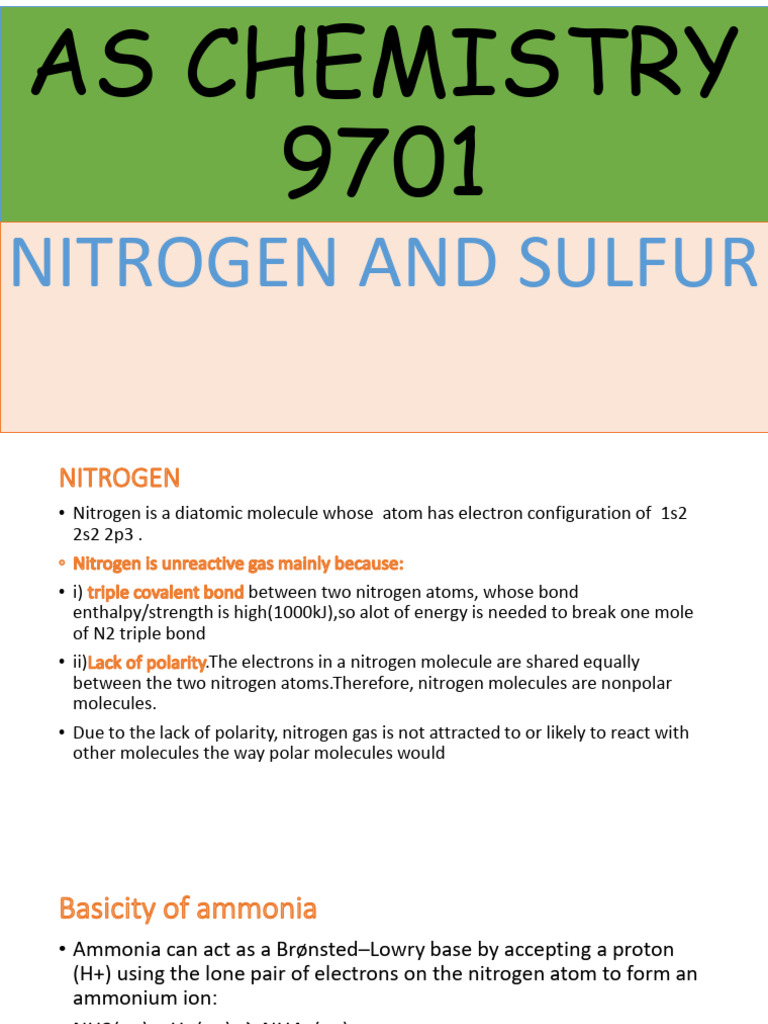 Goup 2 As Chemistry Nitrogen and Sulfur | PDF | Ammonium | Nitrogen