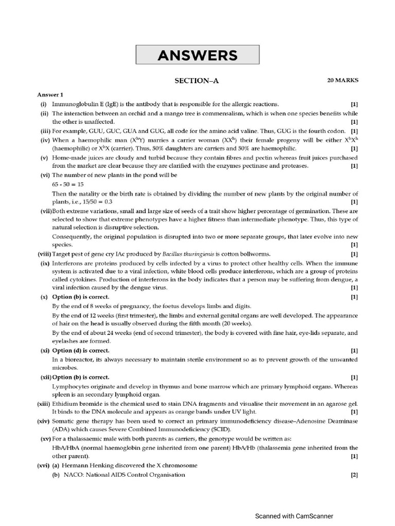 XII ISC Bio Pre Board - I Solutions | PDF