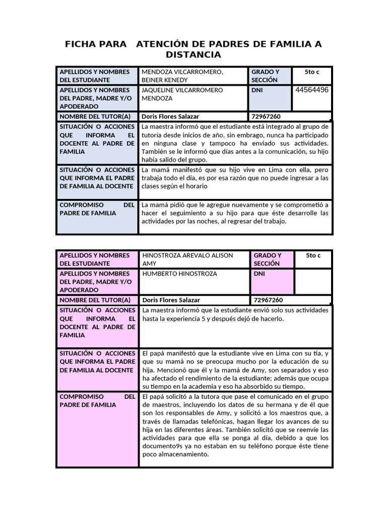 Ficha para Atención de Padres de Familia A Distancia | PDF
