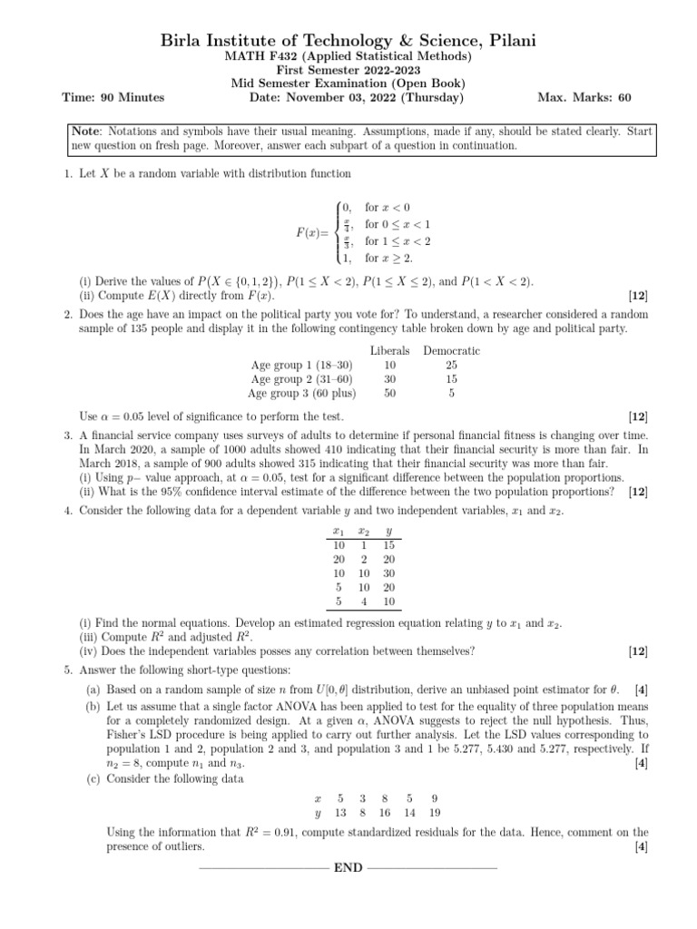 Mid-Sem_22-23 | PDF | Mathematics | Statistical Theory