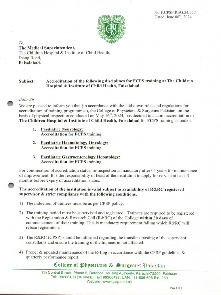 Accreditation Letter The Children Hospital & ICH, Faisalabad (FCPS) | PDF