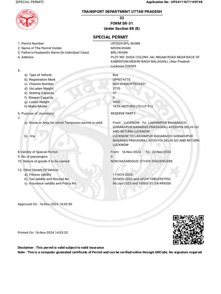 4775 Permit 16 Nov | PDF | Motor Vehicle | Land Transport