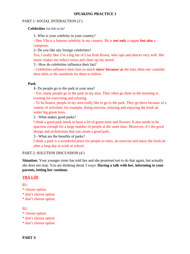 Goi y Tra Loi-Speaking Practice 1 | PDF