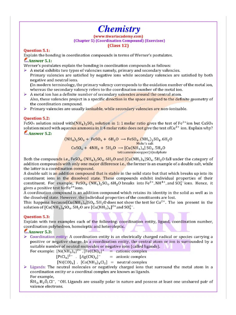 Coordination Compounds Intext and Exercises | PDF