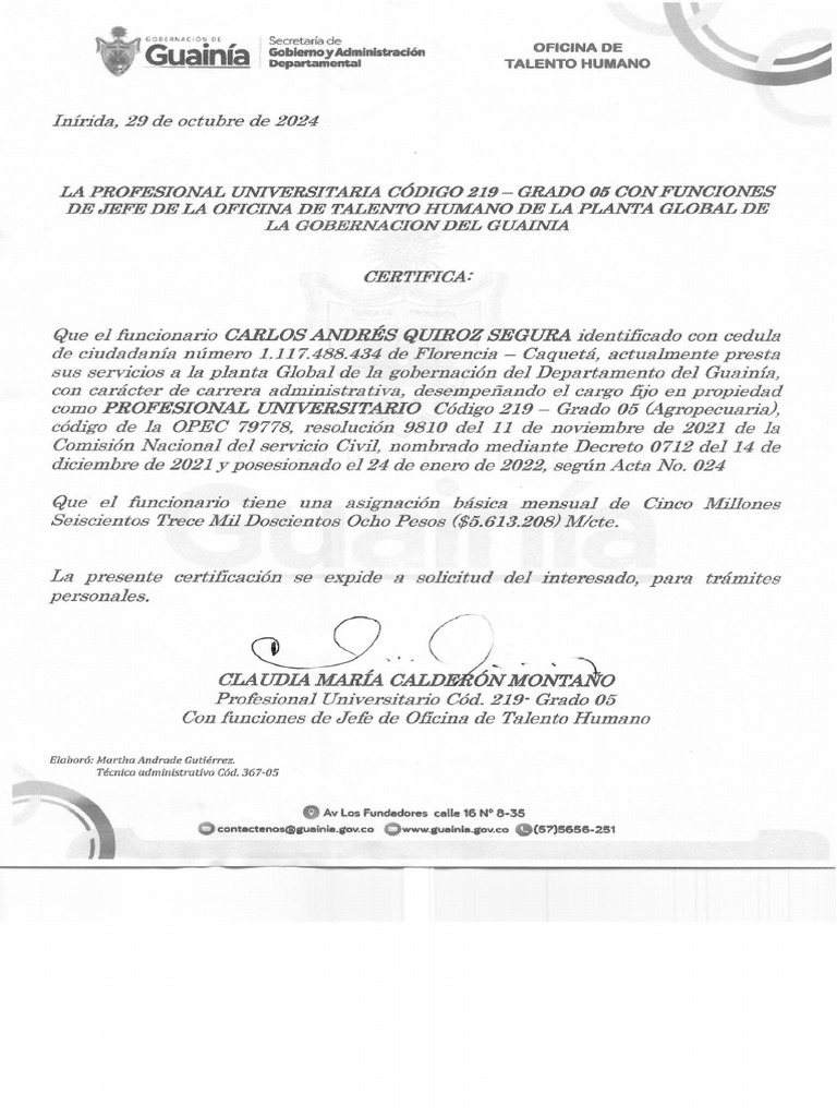 Certificado Laboral Codeudor Actualizado 0001 | PDF