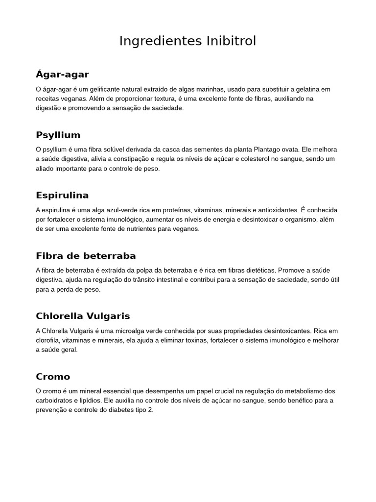 Ingredientes do Inibitrol | PDF | Fibra alimentar | Dieta e Nutrição