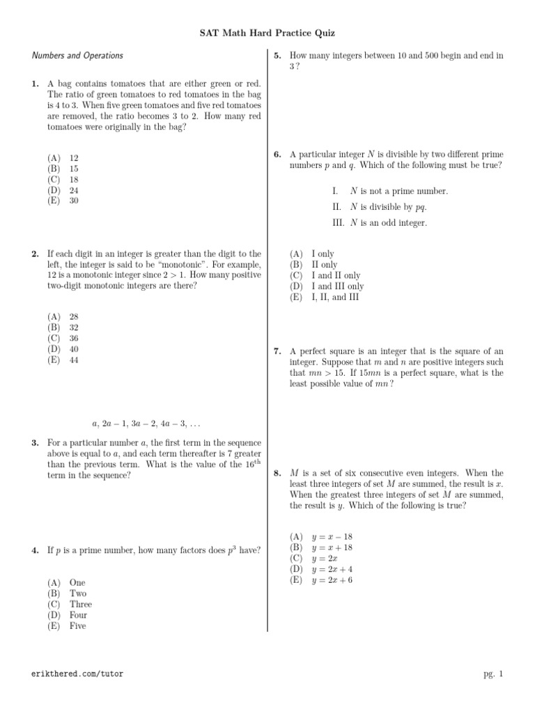 Sat Math Hard Practice Quiz | PDF | Numbers | Integer