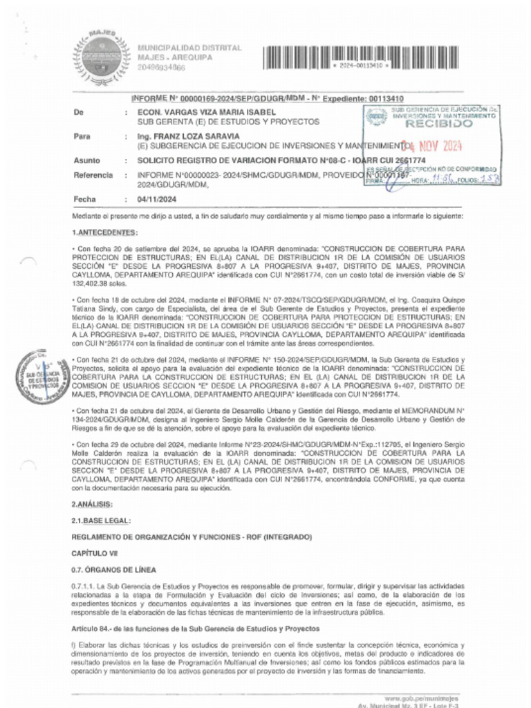 INFORME 169 - SOLICITO REGISTRO DE VARIACION FORMATO N°08-C - IOARR CUI 2661774 ESCAN | PDF