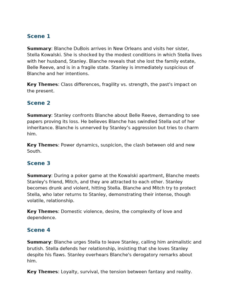 "A Streetcar Named Desire: Key Scenes Summary" | PDF