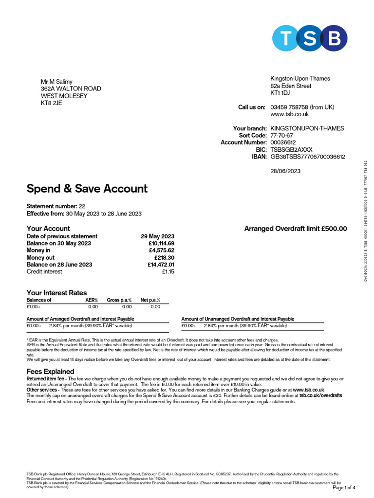 TSB Statement | PDF | Overdraft | Banks